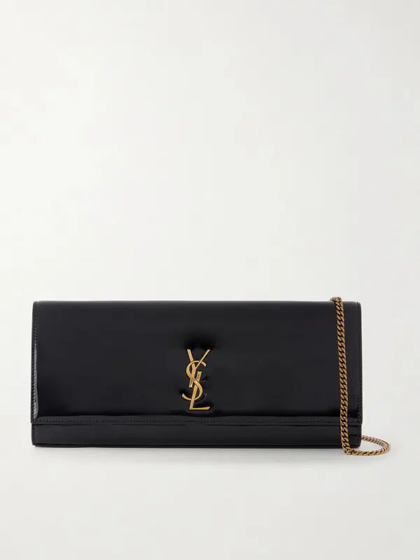 Saint Laurent Kate Cassandre-embellished Patent-leather Clutch - Black