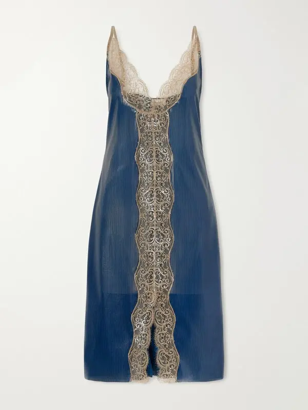 Saint Laurent Ribbed Latex-coated Lace Midi Dress - Blue