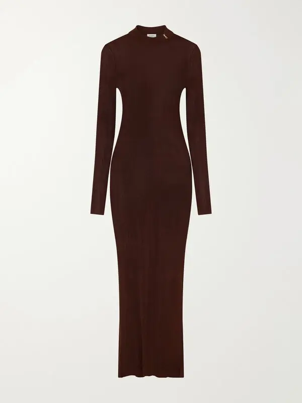 Saint Laurent Cassandre-embellished Silk Midi Dress - Brown