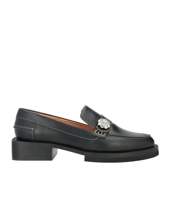GANNI Small-size Rhinestone Solid Color Leather Loafers