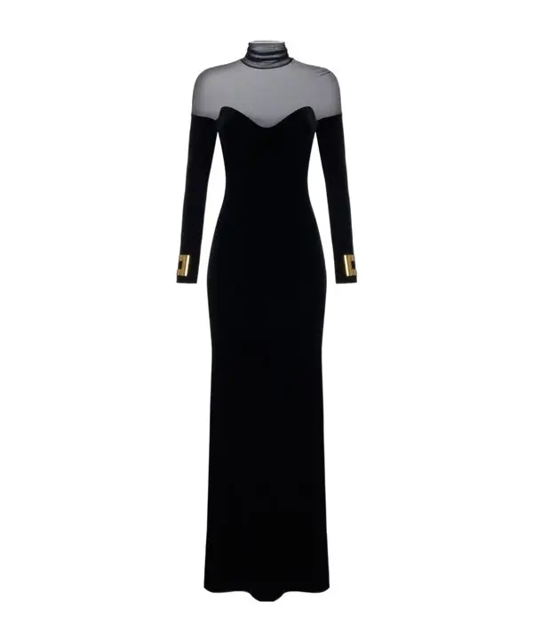 Elisabetta Franchi Red Carpet Dress In Velvet And Tulle Fabrics - Black