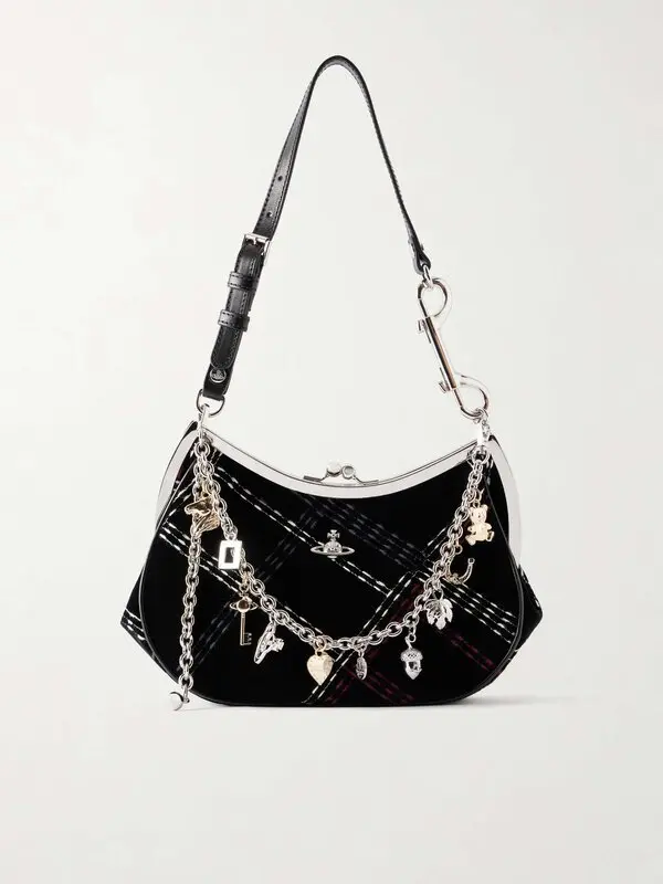 VIVIENNE WESTWOOD Charm Frame Embellished Embroidered Velvet Shoulder Bag - Black