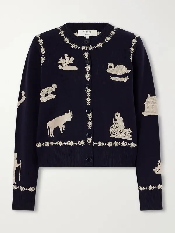 Sea Marguerite Embroidered Wool Cardigan - Blue