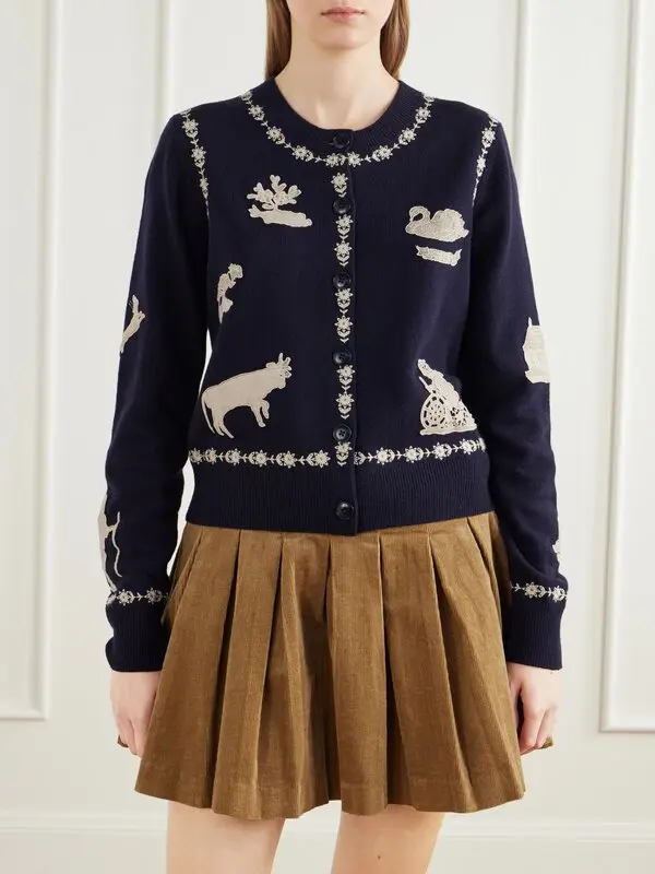 Sea Marguerite Embroidered Wool Cardigan - Blue