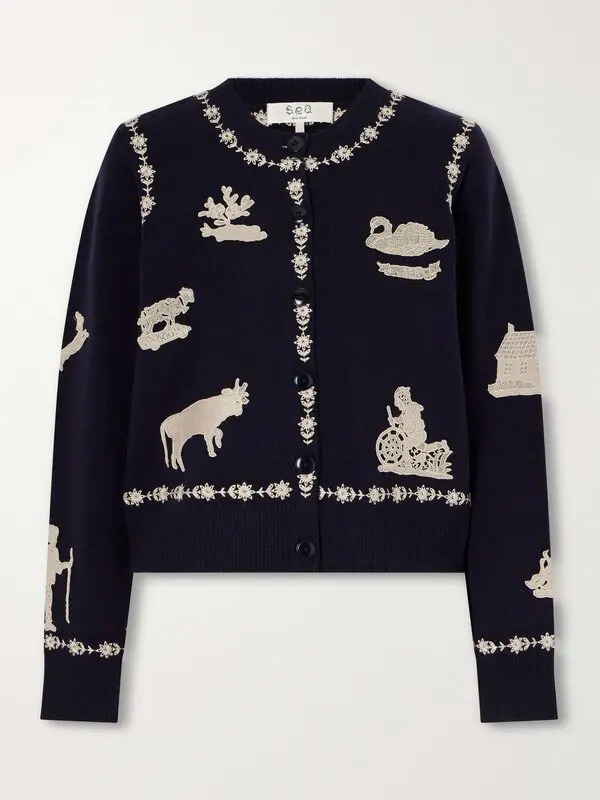 Sea Marguerite Embroidered Wool Cardigan