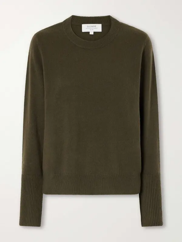 LA LIGNE Solid Lean Lines Cashmere Sweater - Army Green