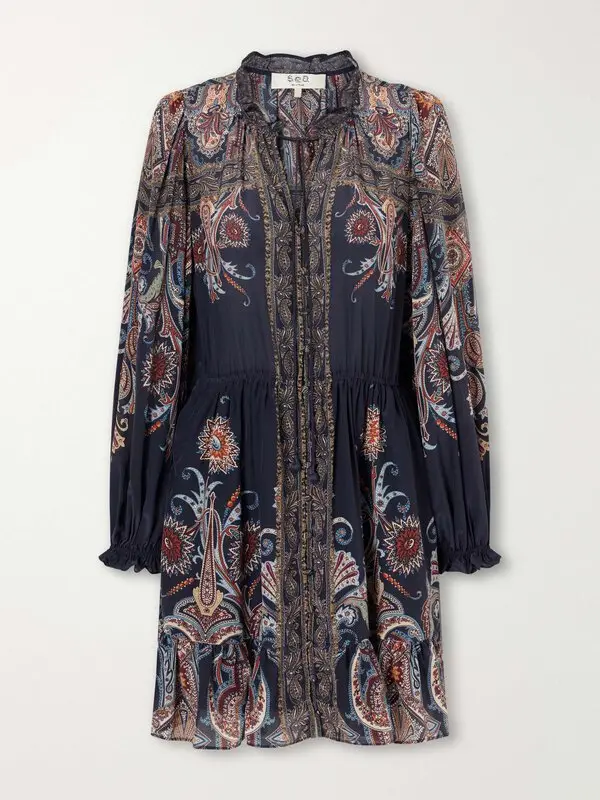 Sea Hyacinth Gathered Paisley-print Crepe Mini Dress