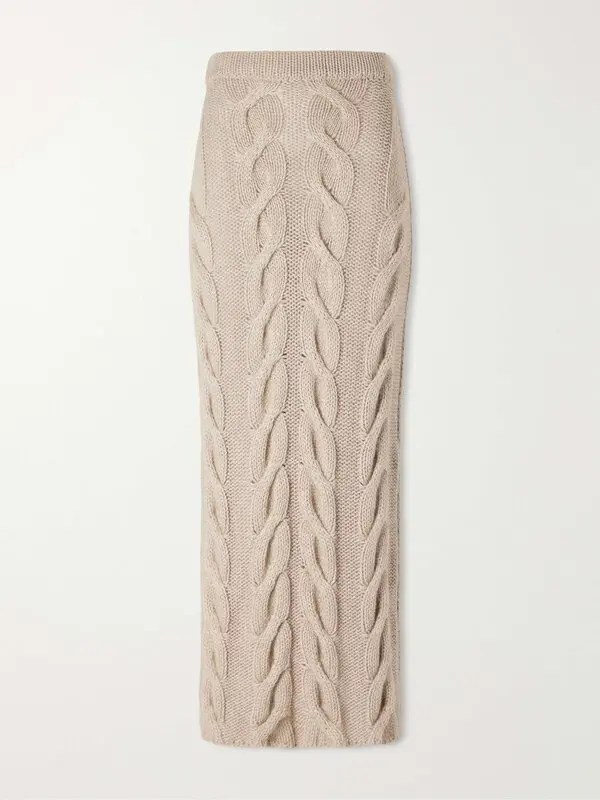 Khaite Ziva Cable-knit Cashmere, Mohair And Silk-blend Midi Skirt - Beige