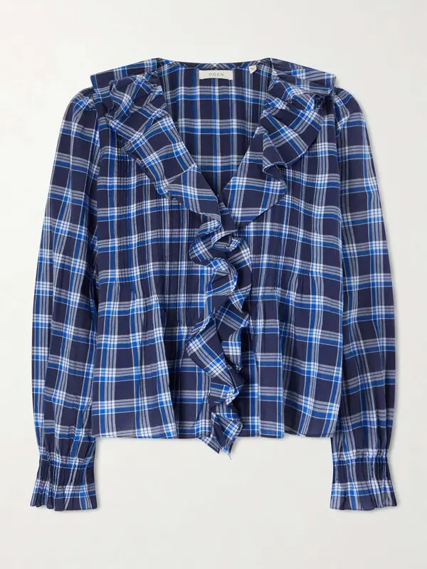 DÔEN Hardy Checked Shirred Organic Cotton Blouse