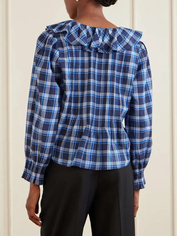 DÔEN Hardy Checked Shirred Organic Cotton Blouse