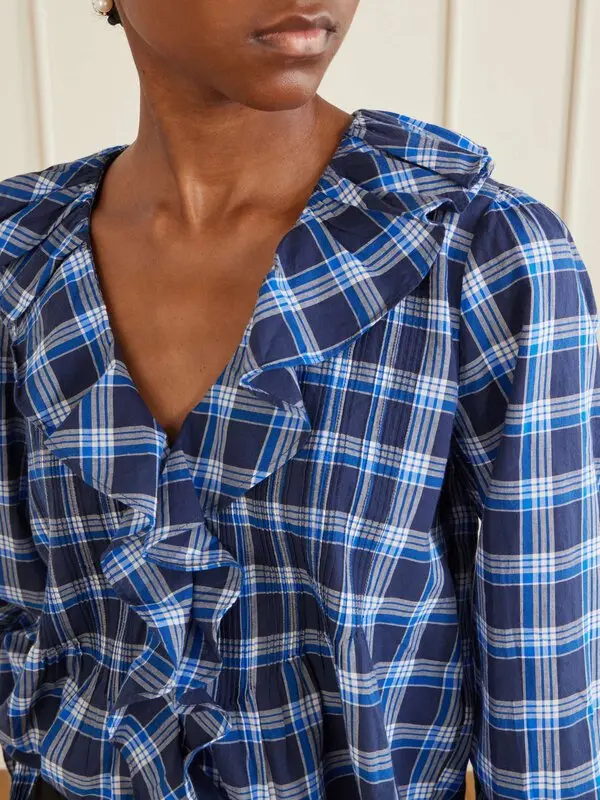 DÔEN Hardy Checked Shirred Organic Cotton Blouse