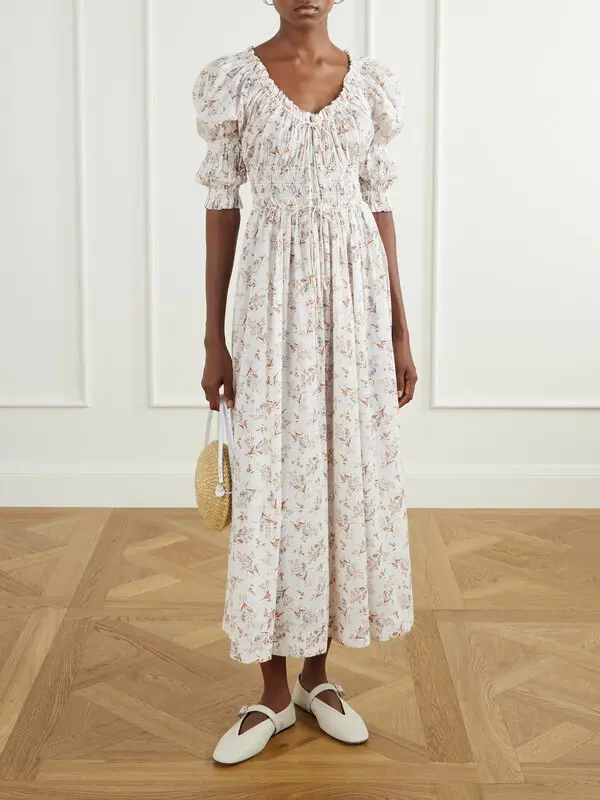 DÔEN Ischia Floral-print Gathered Organic Cotton-voile Midi Dress - Neutrals