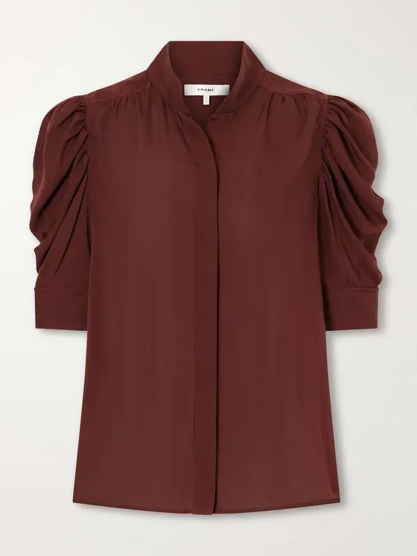 FRAME The Gillian Gathered Silk Blouse - Brick