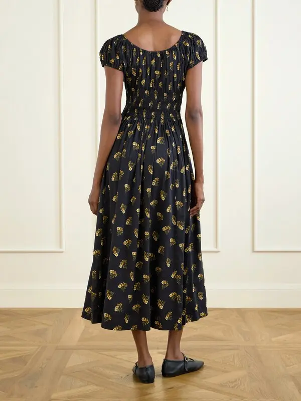DÔEN Quinley Shirred Floral-print Cotton-blend Poplin Midi Dress - Black