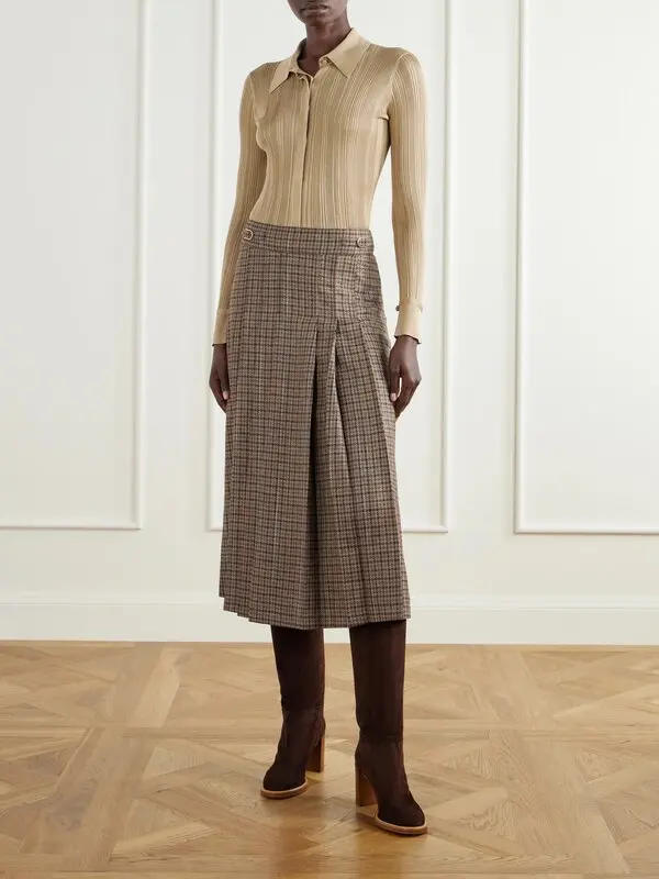 Gabriela Hearst Wesley Pleated Houndstooth Wool And Cashmere-blend Twill Midi Skirt