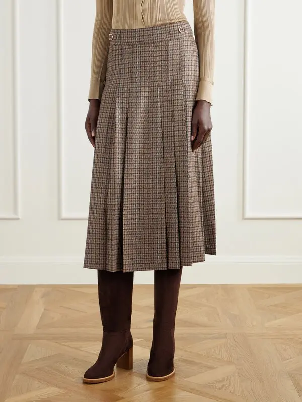 Gabriela Hearst Wesley Pleated Houndstooth Wool And Cashmere-blend Twill Midi Skirt