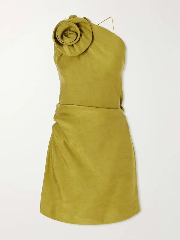 Magda Butrym Appliquéd Gathered Silk-twill Halterneck Mini Dress - Chartreuse