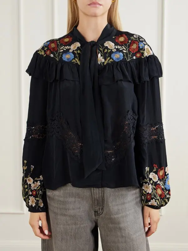 Sea Ruwa Ruffled Embroidered Lace-trimmed Crepe Blouse