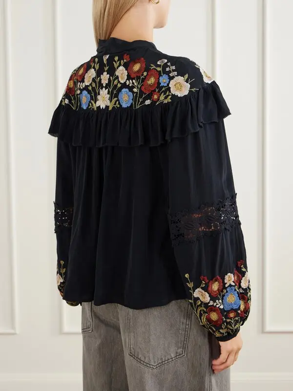 Sea Ruwa Ruffled Embroidered Lace-trimmed Crepe Blouse