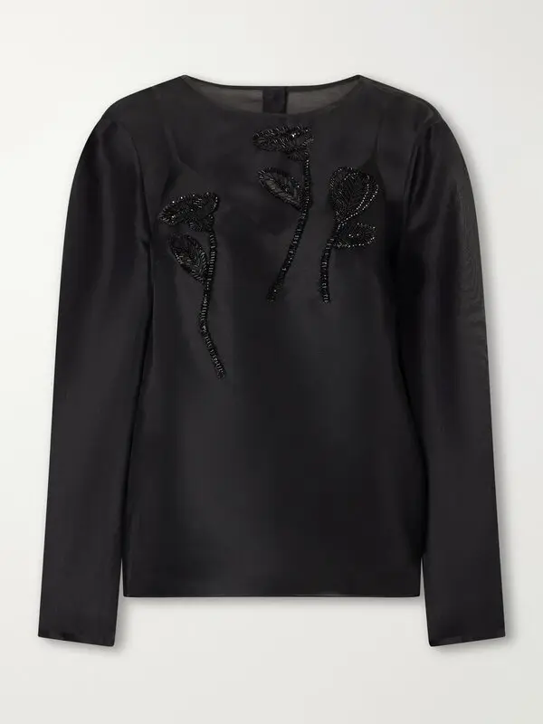 Carolina Herrera Sequin-embellished Embroidered Silk-organza Blouse - Black