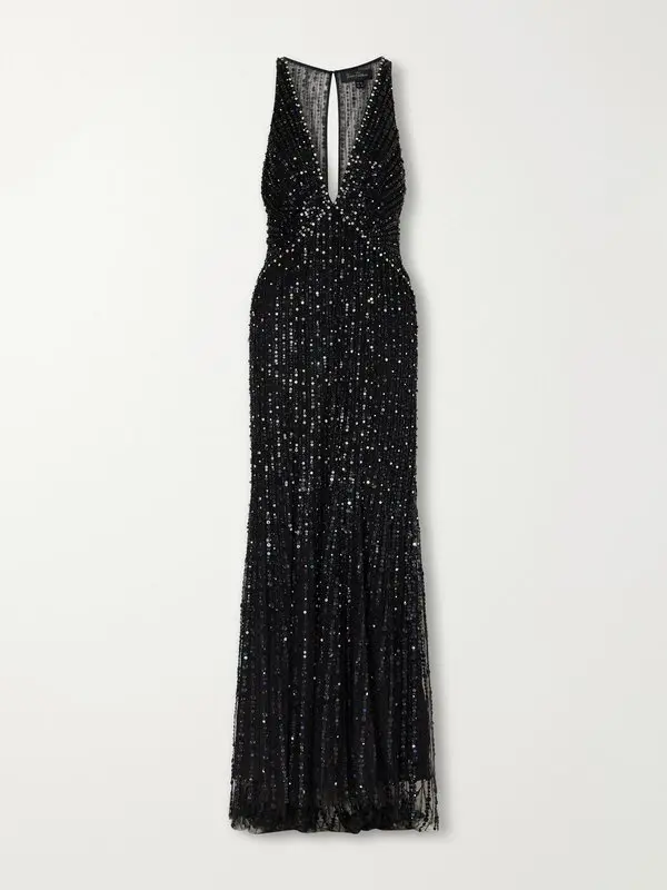 Jenny Packham Atlas Embellished Cut-out Satin Gown - Black