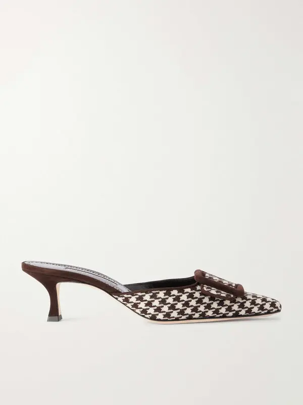 Manolo Blahnik Mayslibi 50 Suede-trimmed Houndstooth Woven Mules