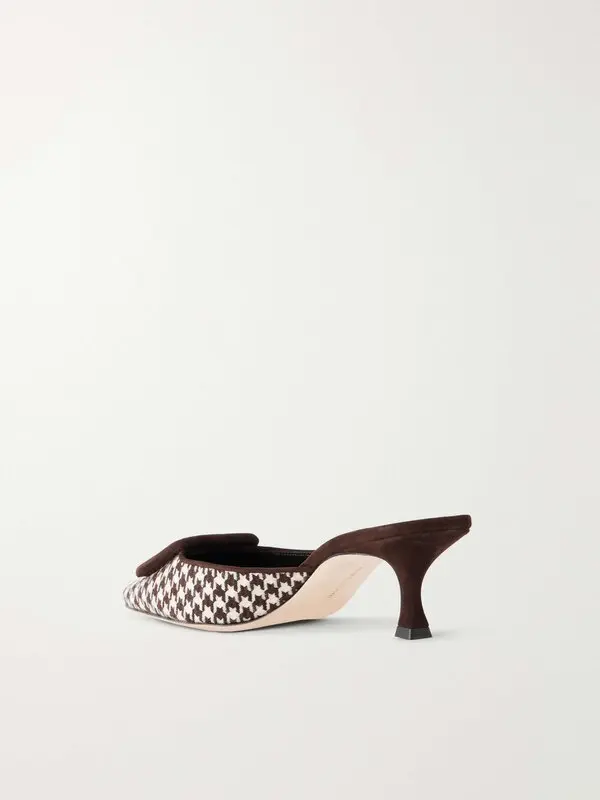 Manolo Blahnik Mayslibi 50 Suede-trimmed Houndstooth Woven Mules