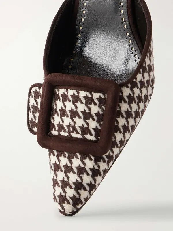 Manolo Blahnik Mayslibi 50 Suede-trimmed Houndstooth Woven Mules