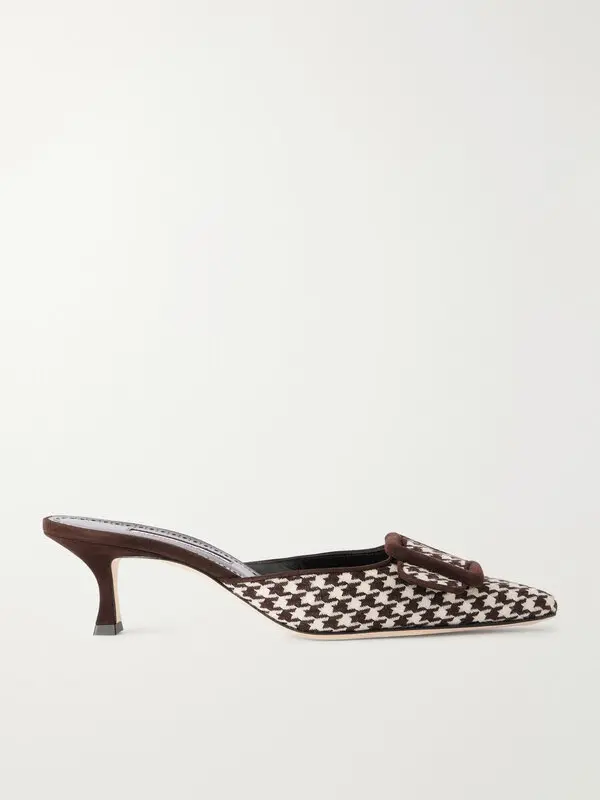 Manolo Blahnik Mayslibi 50 Suede-trimmed Houndstooth Woven Mules - Brown