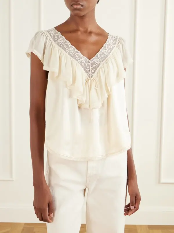 DÔEN Yadira Ruffled Lace-trimmed Silk Blouse - Neutrals