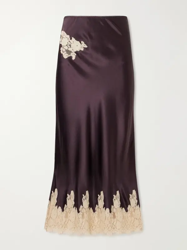 DÔEN Lace-trimmed Silk-satin Midi Skirt - Brown