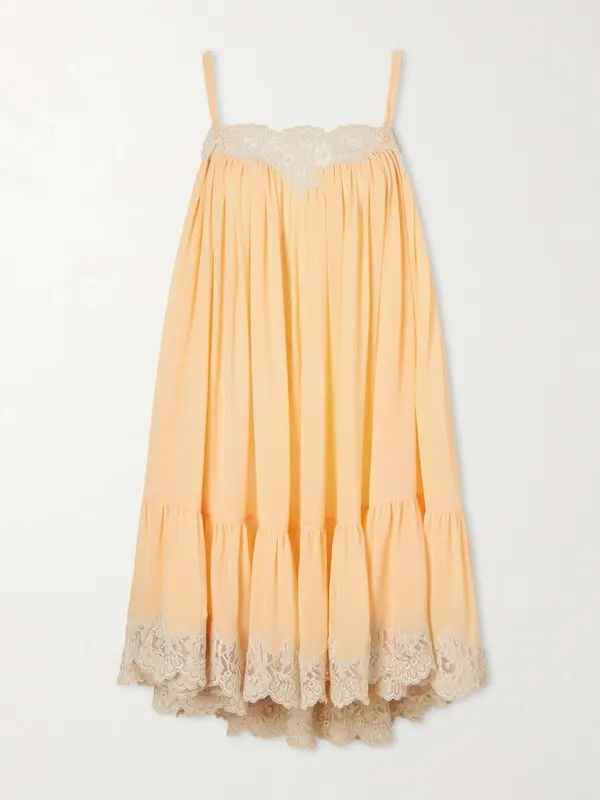 Chloé Pleated Lace-trimmed Silk-georgette Mini Dress - Orange