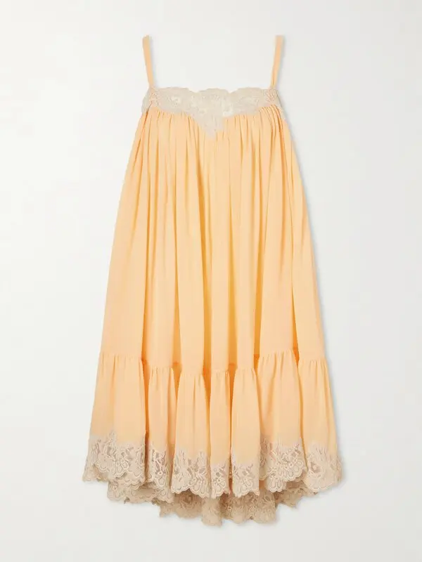 Chloé Pleated Lace-trimmed Silk-georgette Mini Dress - Orange