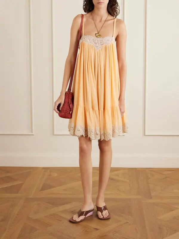 Chloé Pleated Lace-trimmed Silk-georgette Mini Dress - Orange