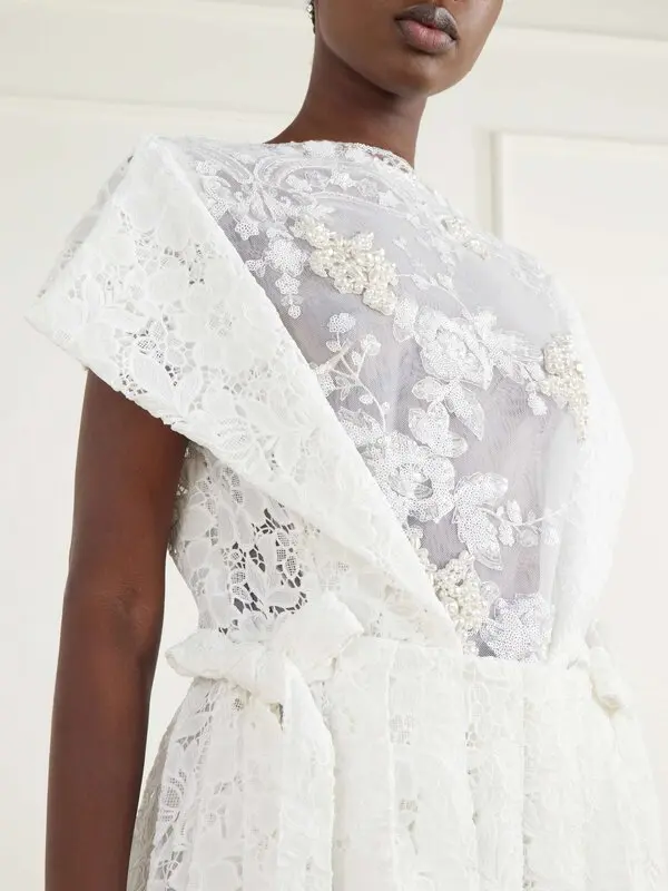 Simone Rocha Embellished Pleated Lace Midi Dress