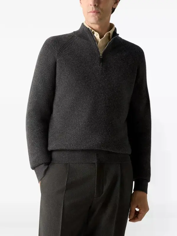Zegna Dark Mélange Oasi Cashmere Zip Mock Sweater - Grey