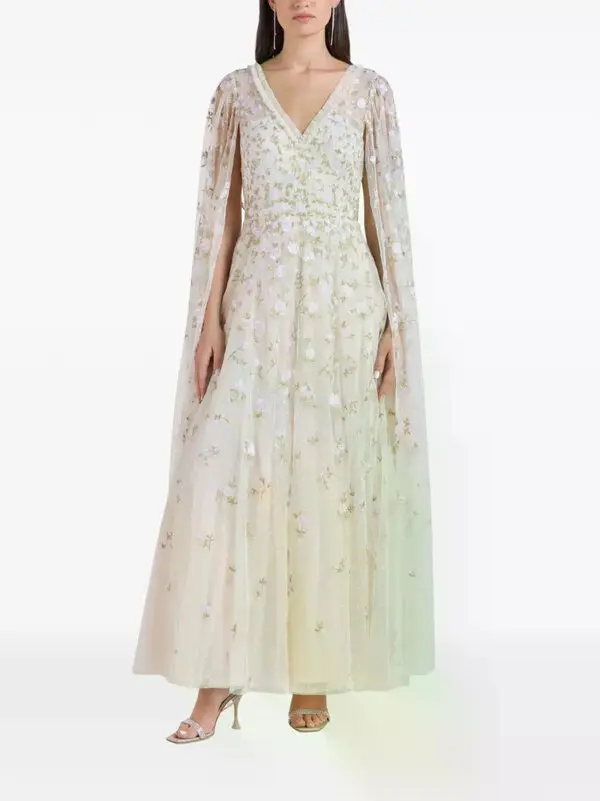 NEEDLE & THREAD Lea Ditsy Floral-embroidered Cape-sleeve Maxi Dress