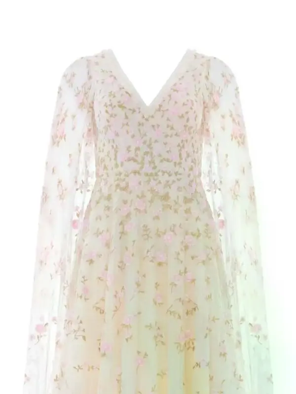 NEEDLE & THREAD Lea Ditsy Floral-embroidered Cape-sleeve Maxi Dress