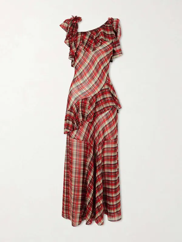 DÔEN Fernanda Ruffle Tiered Checked Silk-satin Maxi Dress