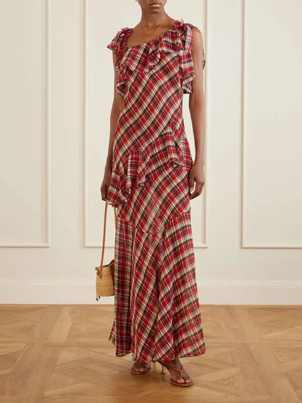 DÔEN Fernanda Ruffle Tiered Checked Silk-satin Maxi Dress