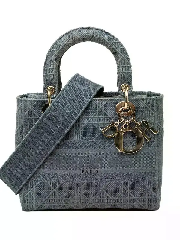 Dior 2020 Medium Embroidered Canvas Cannage Lady D Lite Satchel - Blue