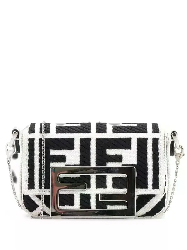 Fendi Chain Baguette Charm Bag Zucca Embroidered Canvas Nano Crossbody Bag - Black