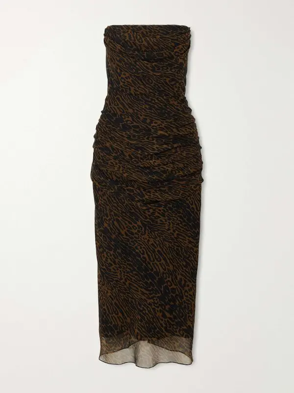 Carolina Herrera Strapless Draped Leopard-print Silk-chiffon Midi Dress