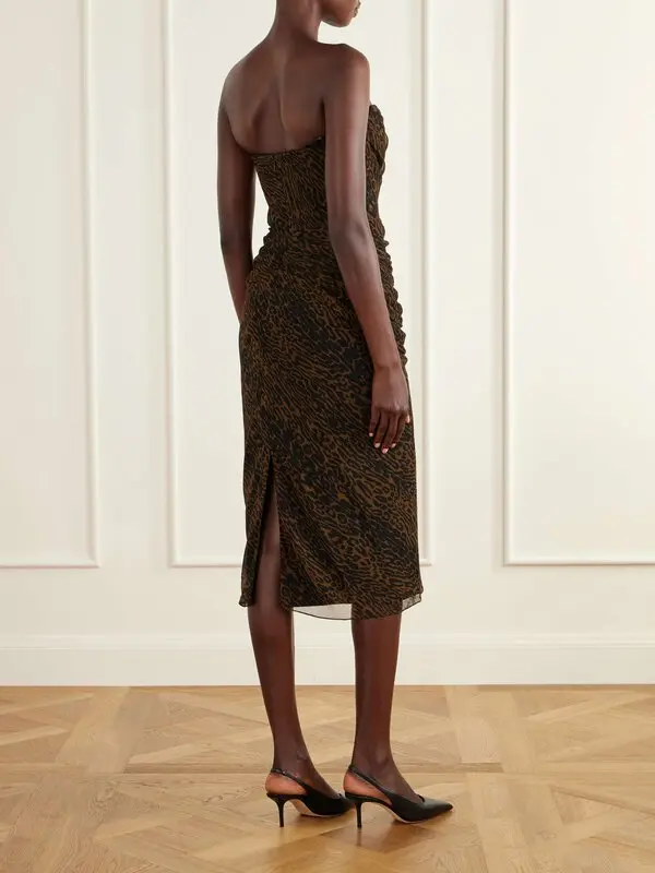 Carolina Herrera Strapless Draped Leopard-print Silk-chiffon Midi Dress