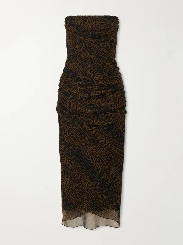 Carolina Herrera Strapless Draped Leopard-print Silk-chiffon Midi Dress - Brown
