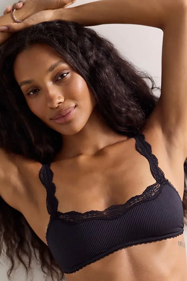 Free People Charlie Lace Microfiber Ribbed Square-neck Bralette - Black