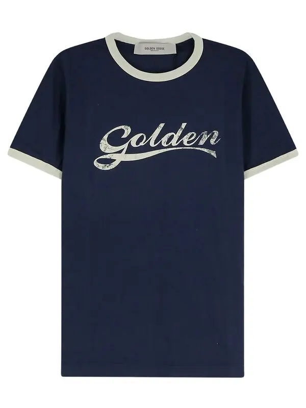 GOLDEN GOOSE T-shirt In Cotone Blu Con Stampa Golden