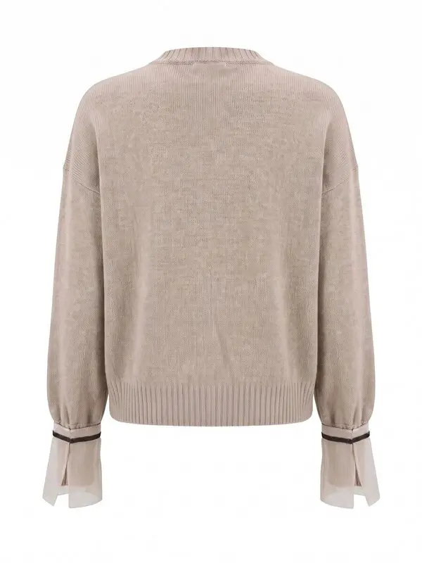 Brunello Cucinelli Cashmere Crewneck With Chiffon Cuff And Monili - Multicolor