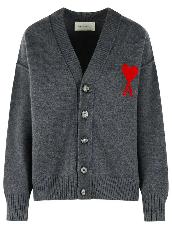 AMI Paris De Cœur' Grey Wool Cardigan