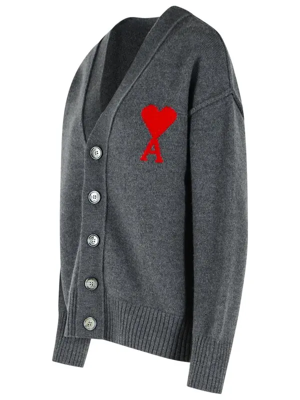 AMI Paris De Cœur' Grey Wool Cardigan